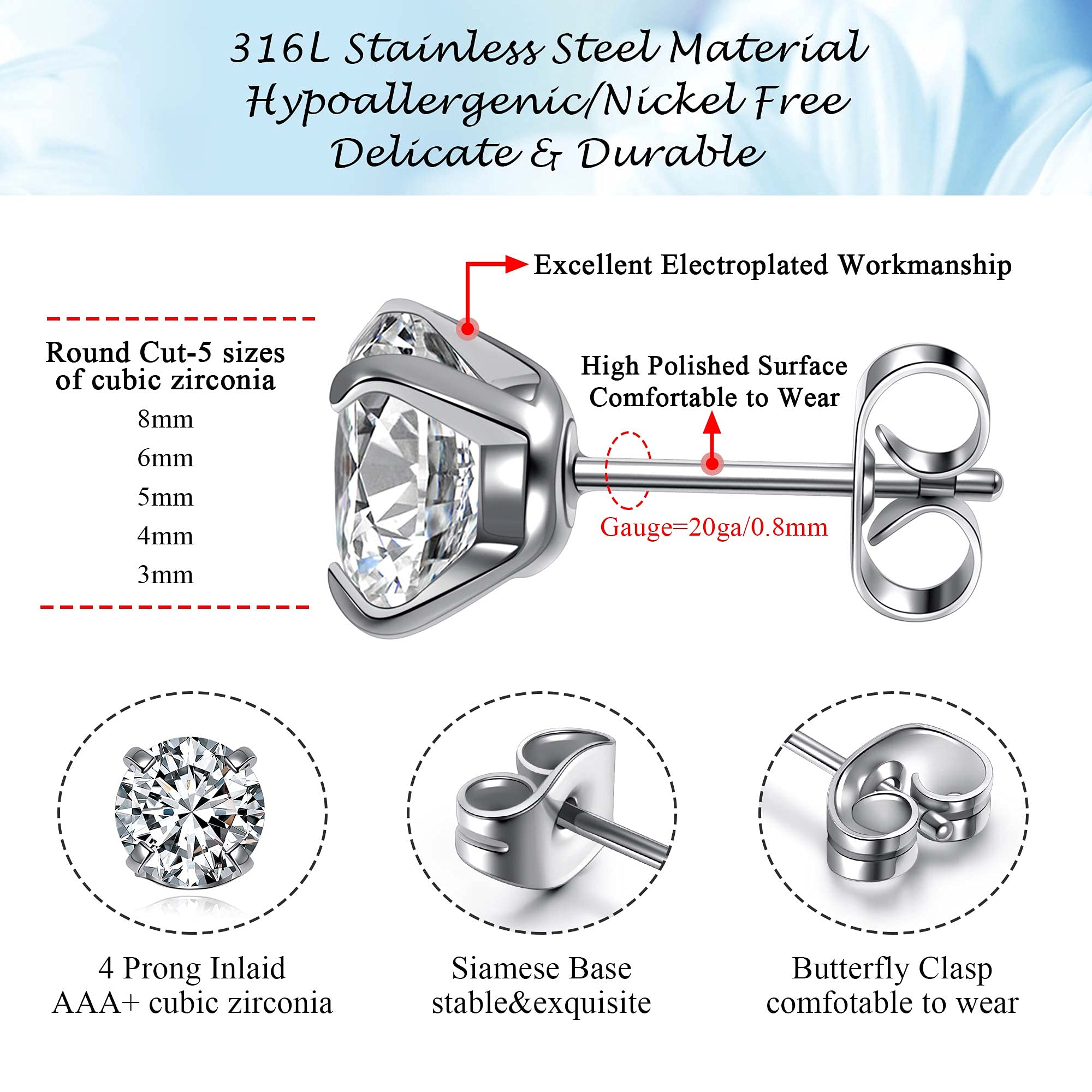 Top Plaza Silver Stainless Steel Stud Earrings for Women Men Round Cubic Zirconia Hypoallergenic CZ Stud Earring Set 3mm-8mm