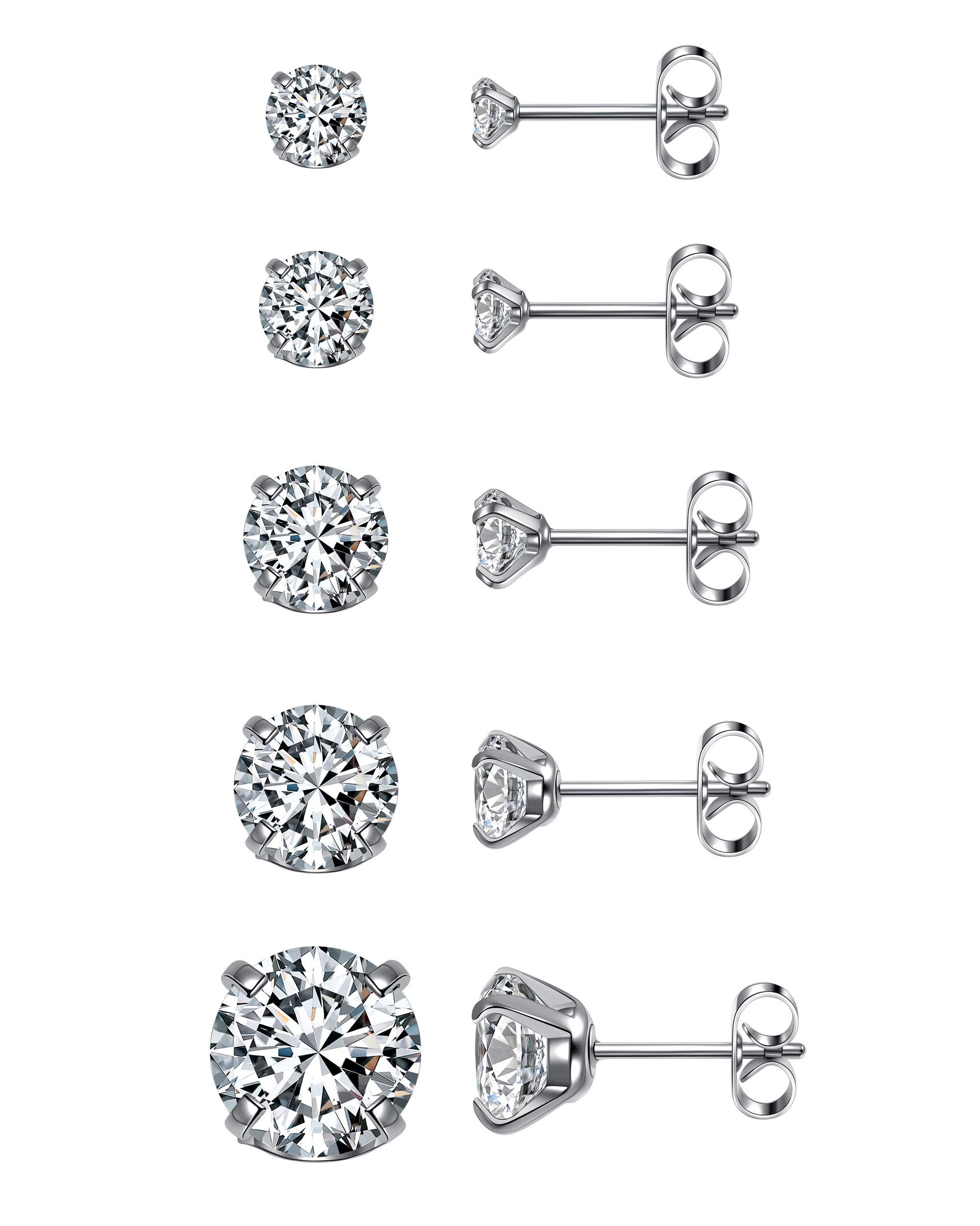 Top Plaza Silver Stainless Steel Stud Earrings for Women Men Round Cubic Zirconia Hypoallergenic CZ Stud Earring Set 3mm-8mm