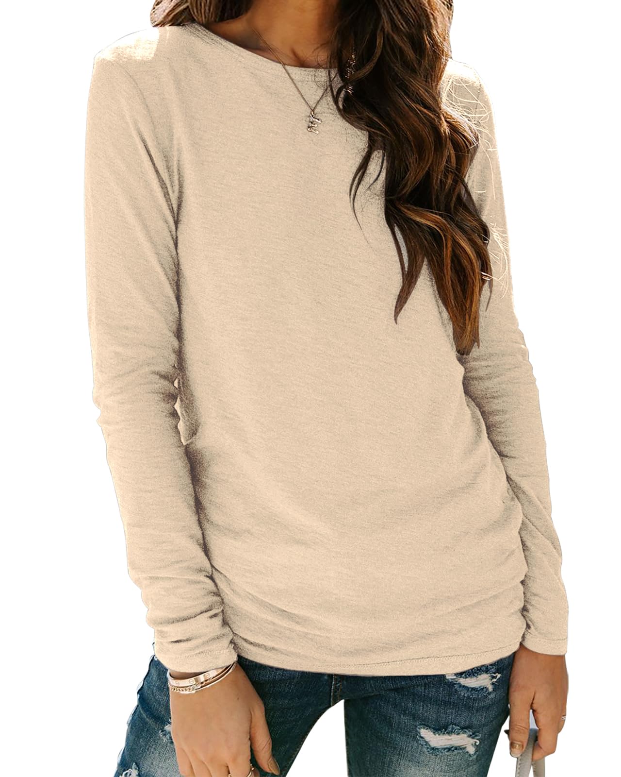 Sherosa Cute Tops for Women Trendy Fall Crew Neck Long Sleeve T Shirts Casual Tees Cream,XL