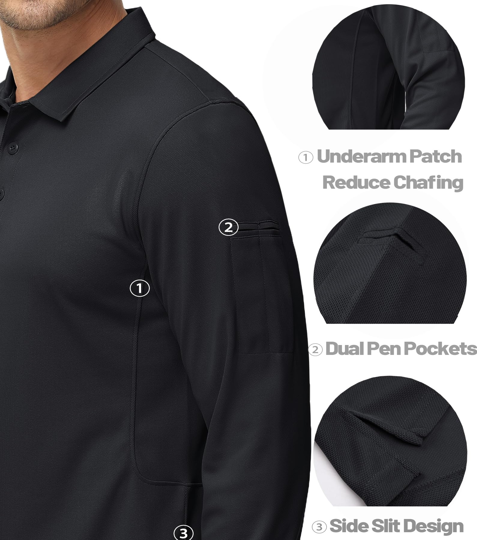 Men's Classic Fit Quick Dry Long Sleeve Polo Shirt in Black - Ideal for Hiking, Casual, & Work