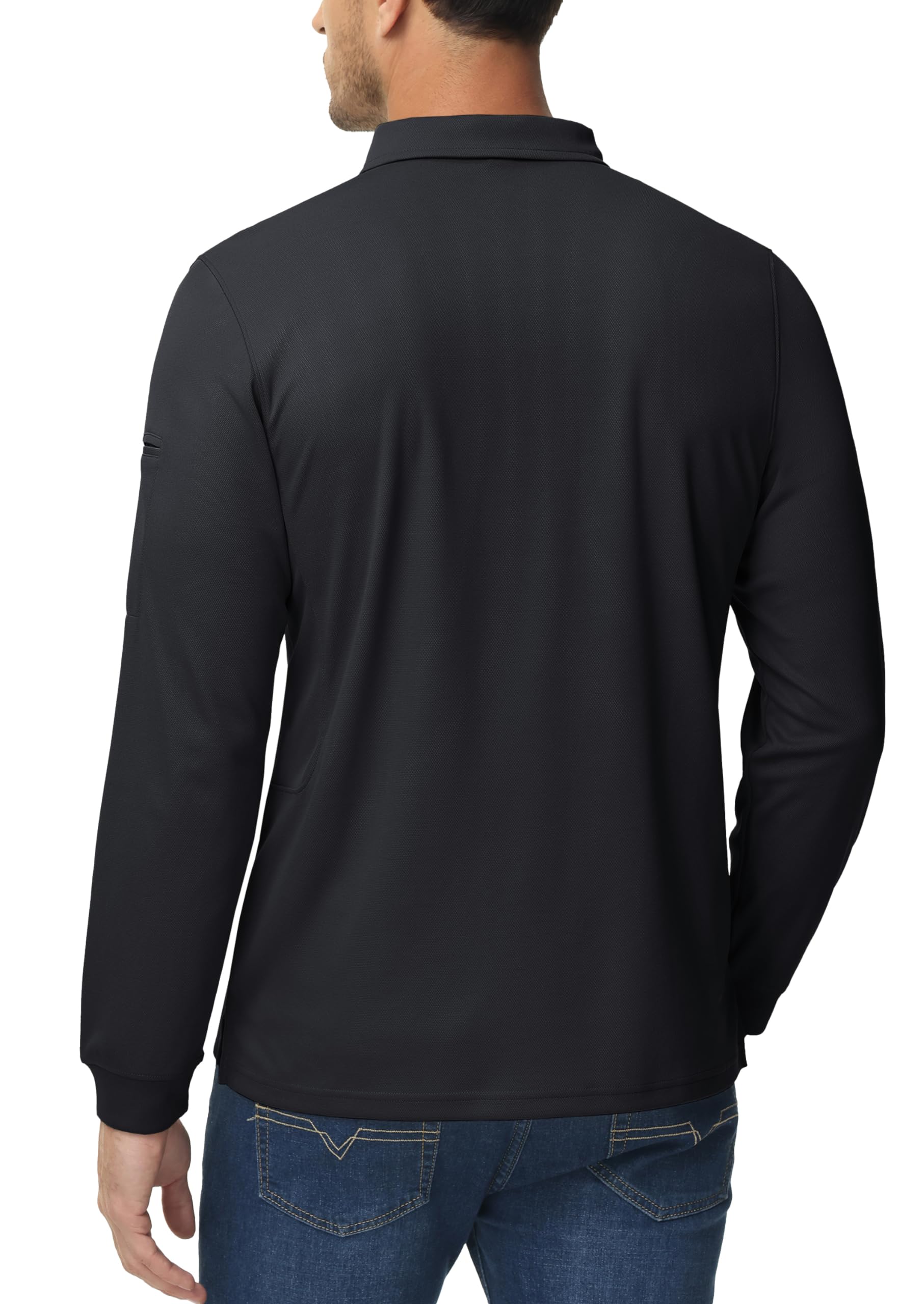Men's Classic Fit Quick Dry Long Sleeve Polo Shirt in Black - Ideal for Hiking, Casual, & Work