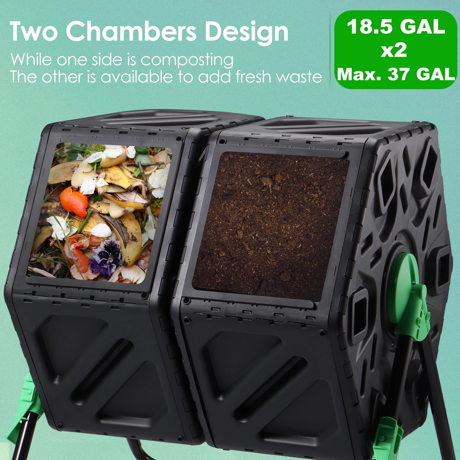 Compost Tumbler Dual Chamber, Rotating Composter Tumblers, 2x18.5 Gallon Composting Bin Outdoor, Waste Food Reuse, Heavy Duty for Garden Patio Easy Turning