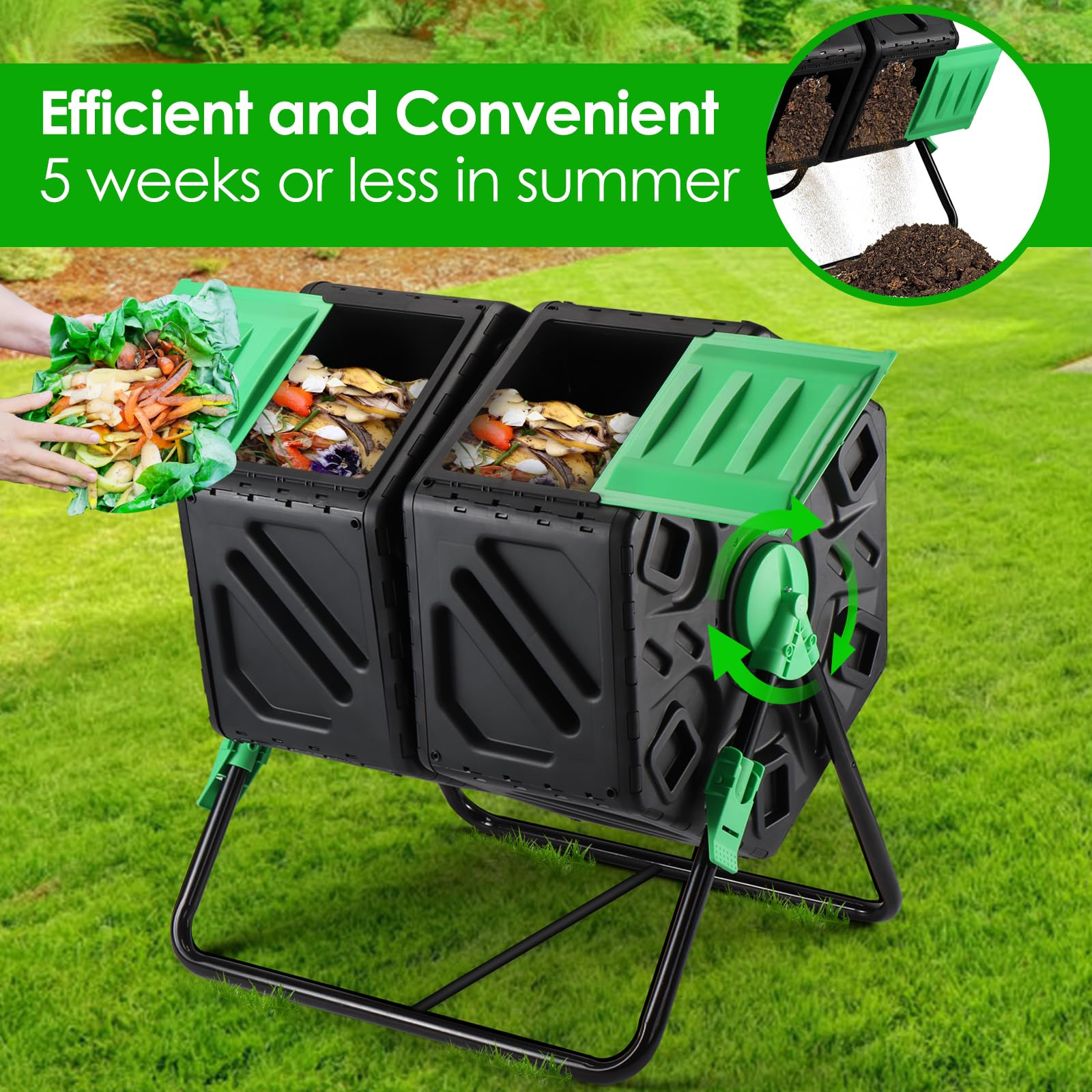 Compost Tumbler Dual Chamber, Rotating Composter Tumblers, 2x18.5 Gallon Composting Bin Outdoor, Waste Food Reuse, Heavy Duty for Garden Patio Easy Turning