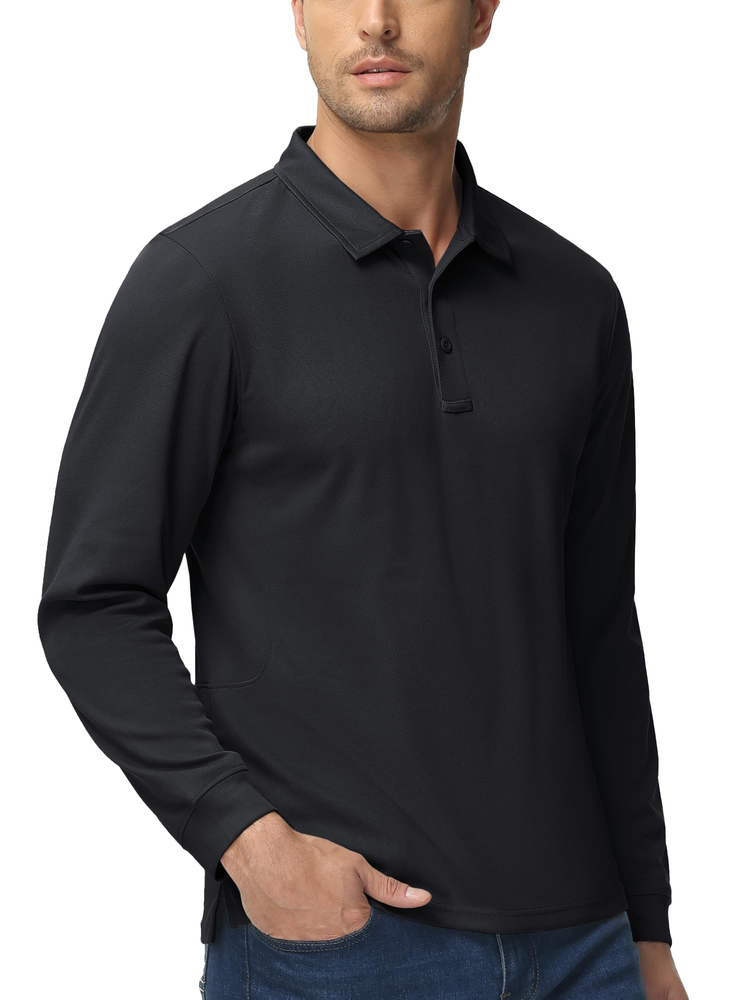 Men's Classic Fit Quick Dry Long Sleeve Polo Shirt in Black - Ideal for Hiking, Casual, & Work