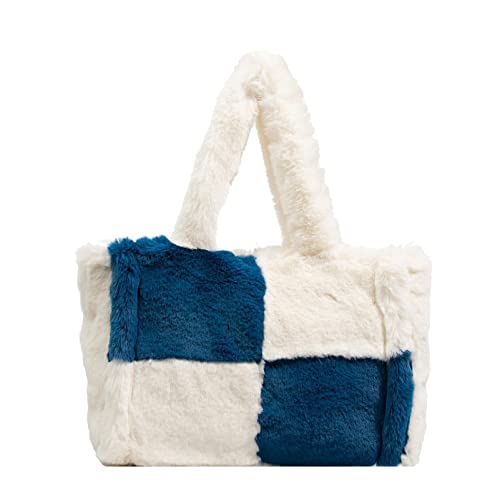 GJOSYOI Furry Purse Fashionable Furry Tote Bag Shoulder Crossbody Winter Fashion Patchwork Purse (Color : Blue, Size : Obe Szie)
