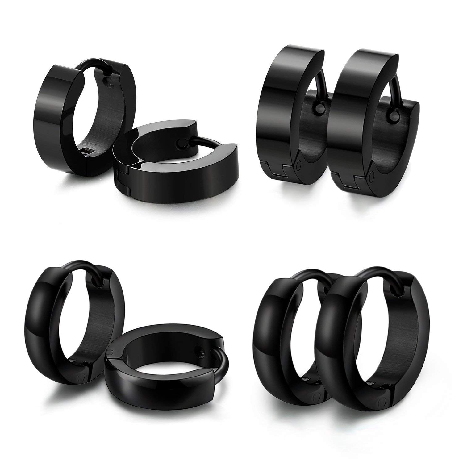 LIEBLICH Huggie Stud Earrings Black Small Hoop Stainless Steel Earrings for Men Women 4 Pairs 2 Styles (Black)