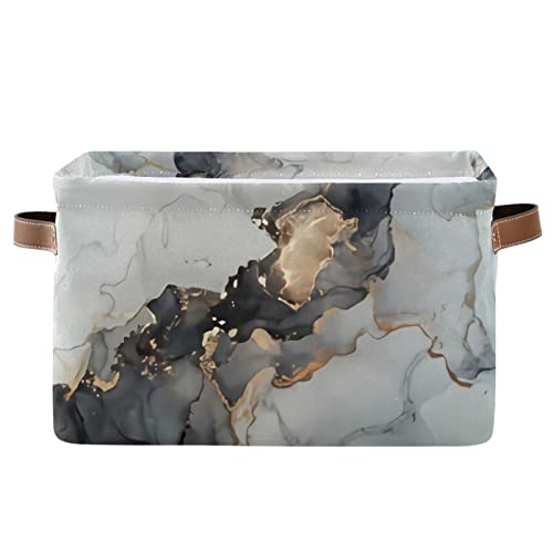 Gougeta Foldable Storage Basket with Handle, Grey Blue Marble Rectangular Canvas Organizer Bins for Home Office Closet Clothes Toys 2 Pack