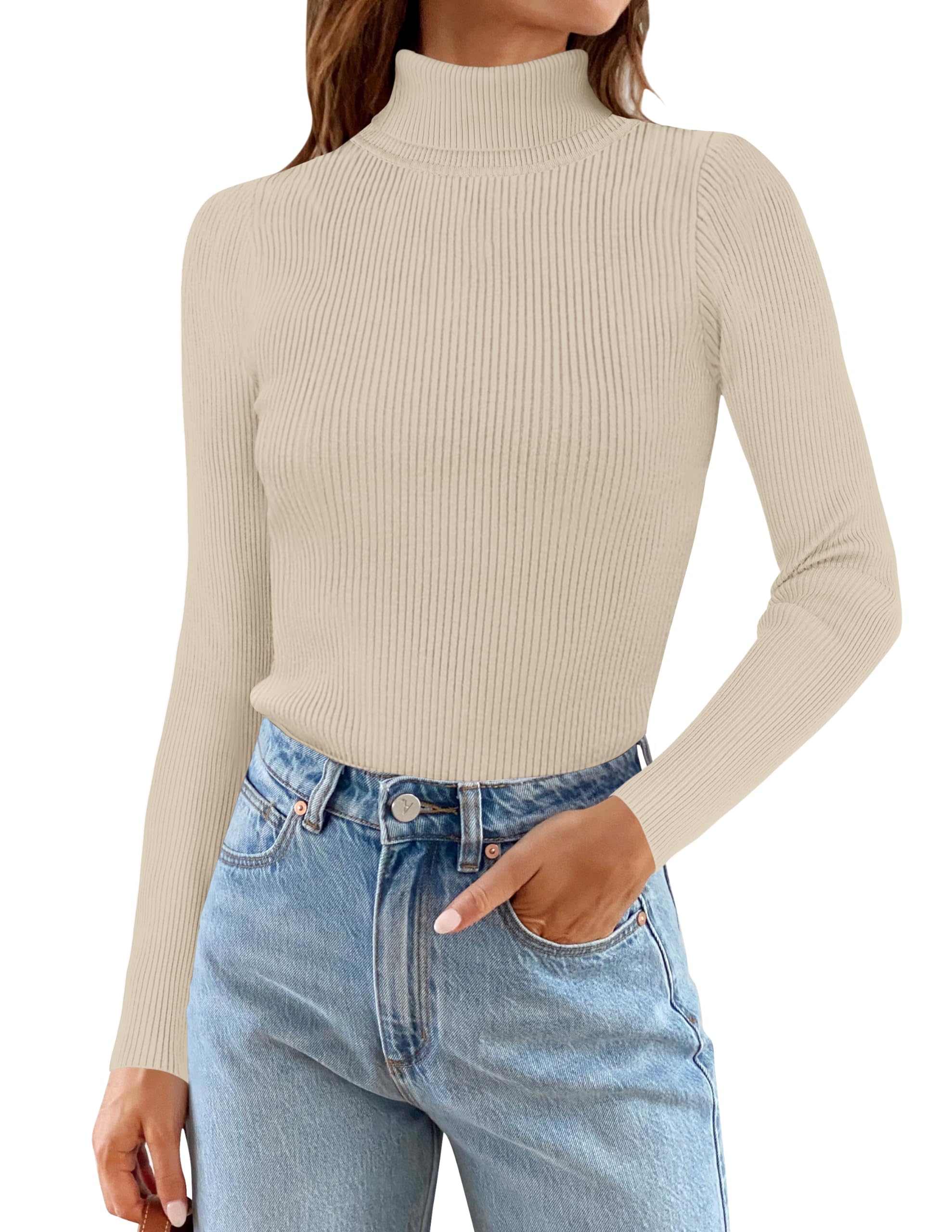 ZESICA Women's Turtleneck Long Sleeve Shirts Spring Basic Tops Slim Fitted Ribbed Knit Sweater,Apricot,Medium