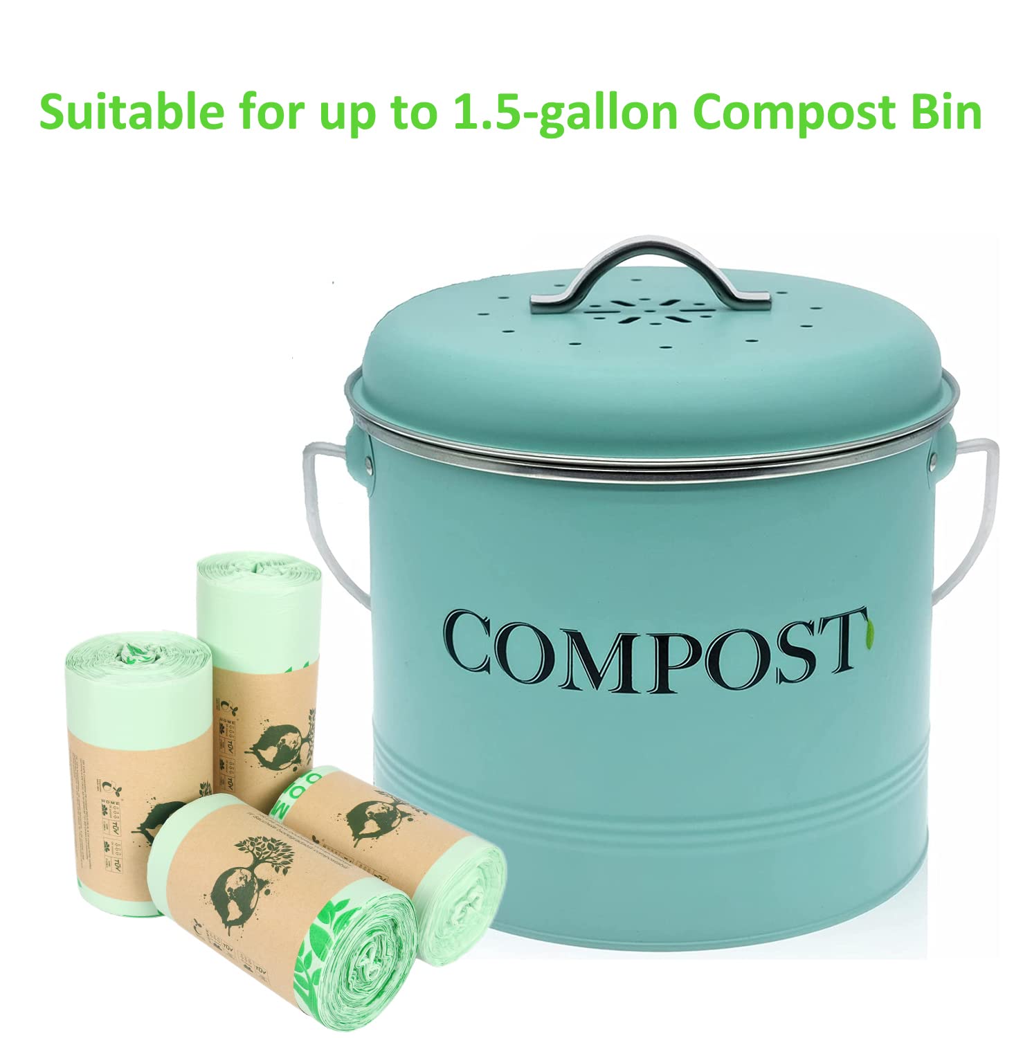 100% Compost Bags for Kitchen Countertop Compost Bin - 1, 1.2, 1.3, 1.5 Gallon, Kitchen Food Scrap Waste Compostable Small Trash Bags, ASTM D6400, US BPI and Europe OK Compost Home Certified, 100ct