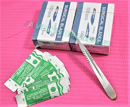 Cynamed 200 Sterile Scalpel Blades #21 Sterile Carbon Steel + 1 Scalpel Handle #4 -for Biology Lab Anatomy, Practicing Cutting, Medical Student Training, Sculpting, Repairing