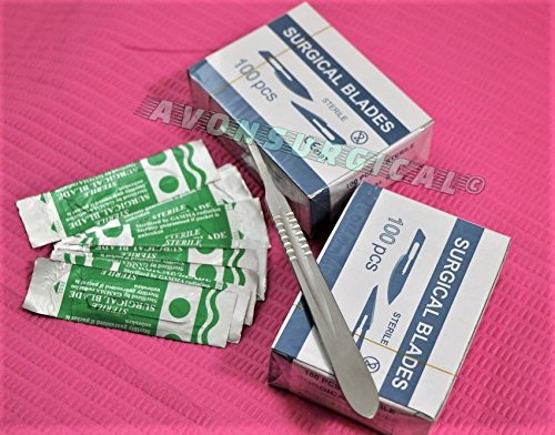 Cynamed 200 Sterile Scalpel Blades #21 Sterile Carbon Steel + 1 Scalpel Handle #4 -for Biology Lab Anatomy, Practicing Cutting, Medical Student Training, Sculpting, Repairing