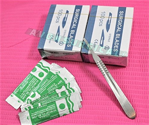 Cynamed 200 Sterile Scalpel Blades #21 Sterile Carbon Steel + 1 Scalpel Handle #4 -for Biology Lab Anatomy, Practicing Cutting, Medical Student Training, Sculpting, Repairing
