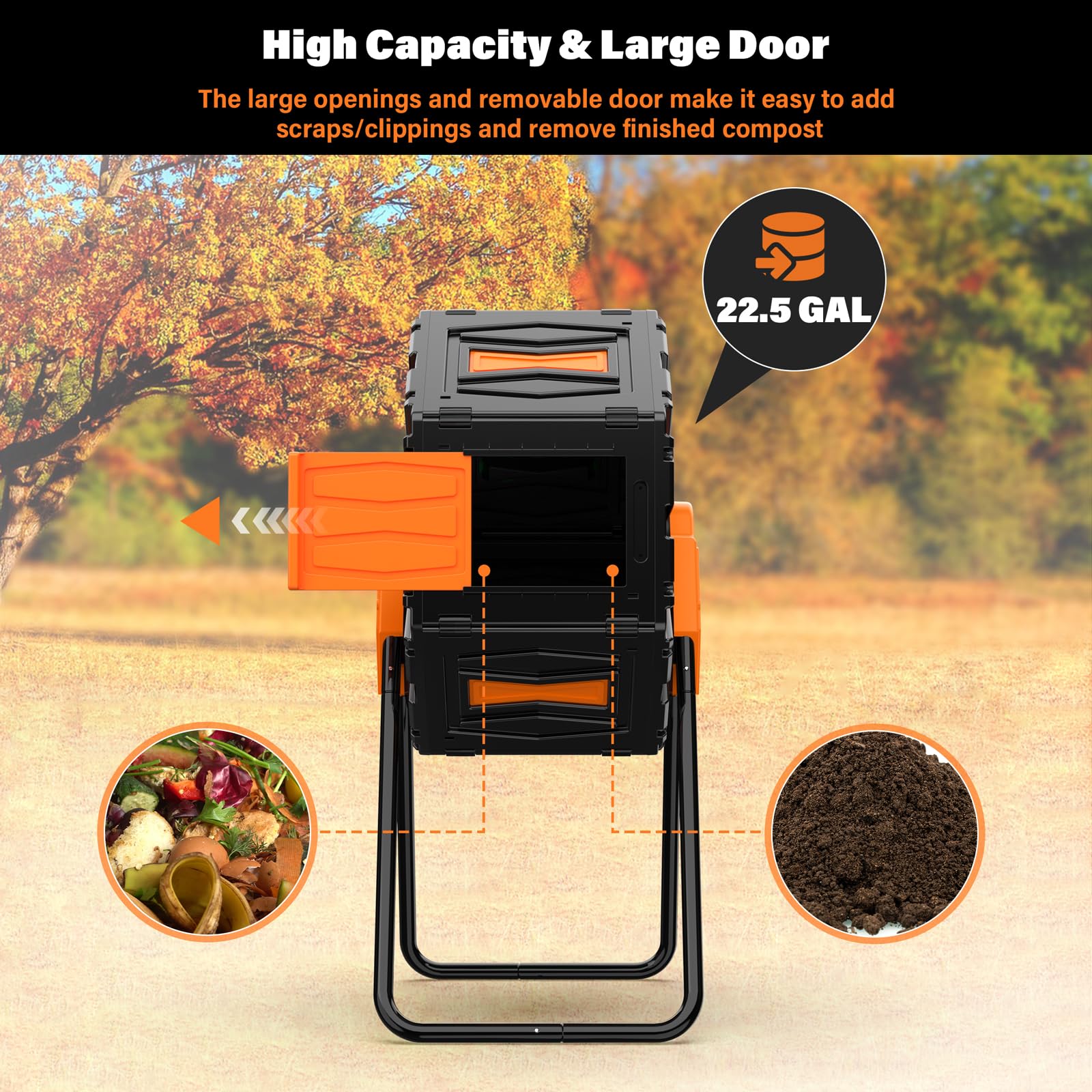 Marcytop Compost Tumbler, Easy Assemble & Efficient Outdoor Compost Bin, 22.5 Gallon/85 Liter High-Volume Tumbling Composter for Garden, Kitchen, and Yard Waste, Orange Door