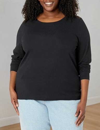 Amazon Essentials Women's Slim-Fit Long Sleeve Rib Knit Crew Neck Top (Available in Plus Size), Pack of 2, Black, X-Large