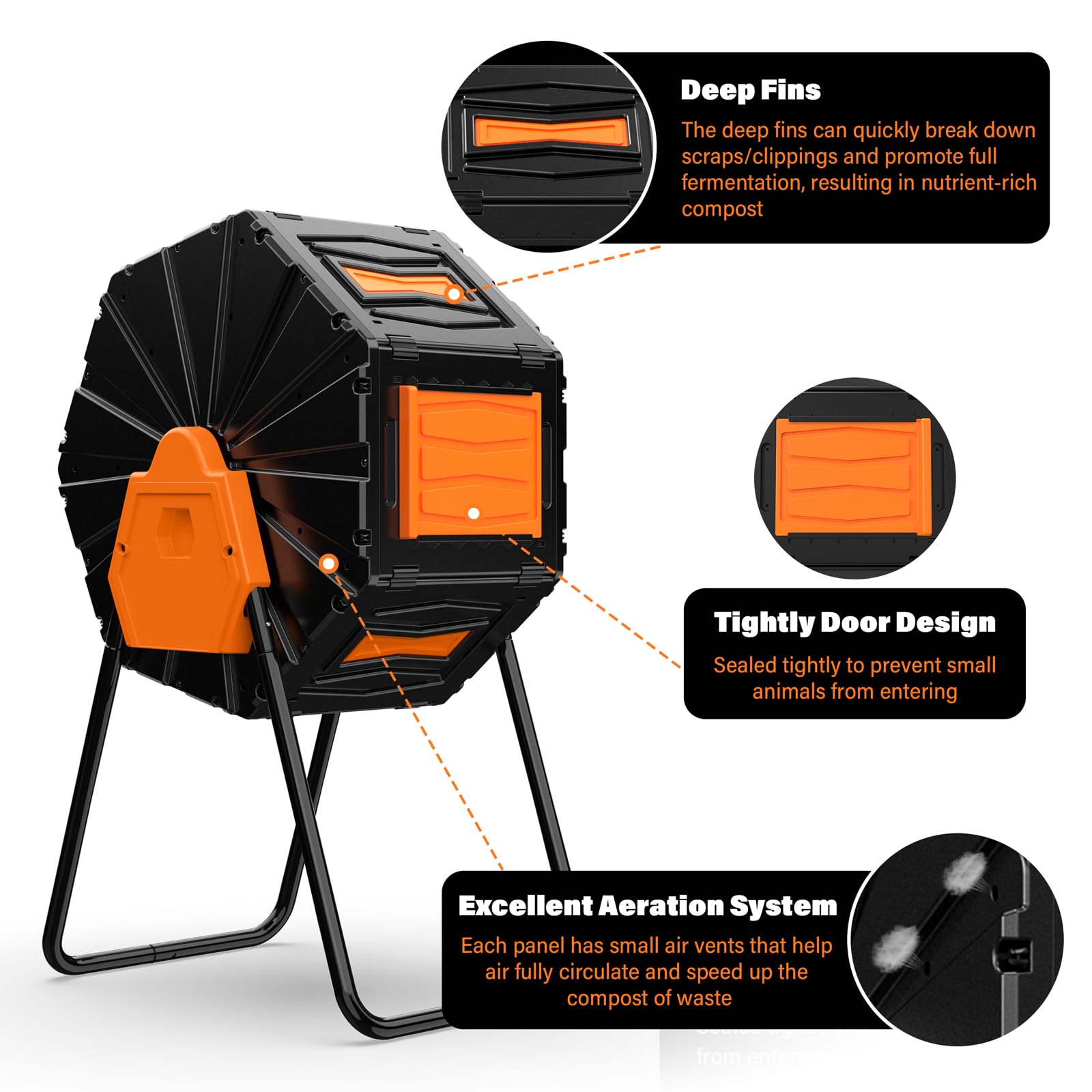 Marcytop Compost Tumbler, Easy Assemble & Efficient Outdoor Compost Bin, 22.5 Gallon/85 Liter High-Volume Tumbling Composter for Garden, Kitchen, and Yard Waste, Orange Door