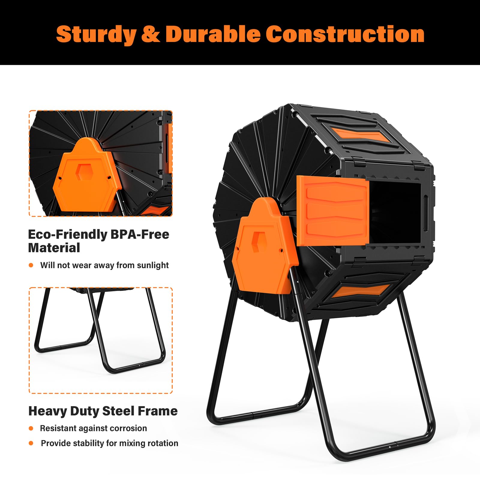 Marcytop Compost Tumbler, Easy Assemble & Efficient Outdoor Compost Bin, 22.5 Gallon/85 Liter High-Volume Tumbling Composter for Garden, Kitchen, and Yard Waste, Orange Door