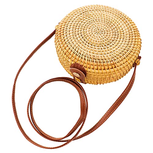 WYBG Handwoven Boho Rattan Bag with Leather Strap Round Circle Woven Wicker Chic Women Handbag Handmade Bali Ata Shoulder Bag Weave Crossbody Bag Wicker Straw Purse for Women Girls
