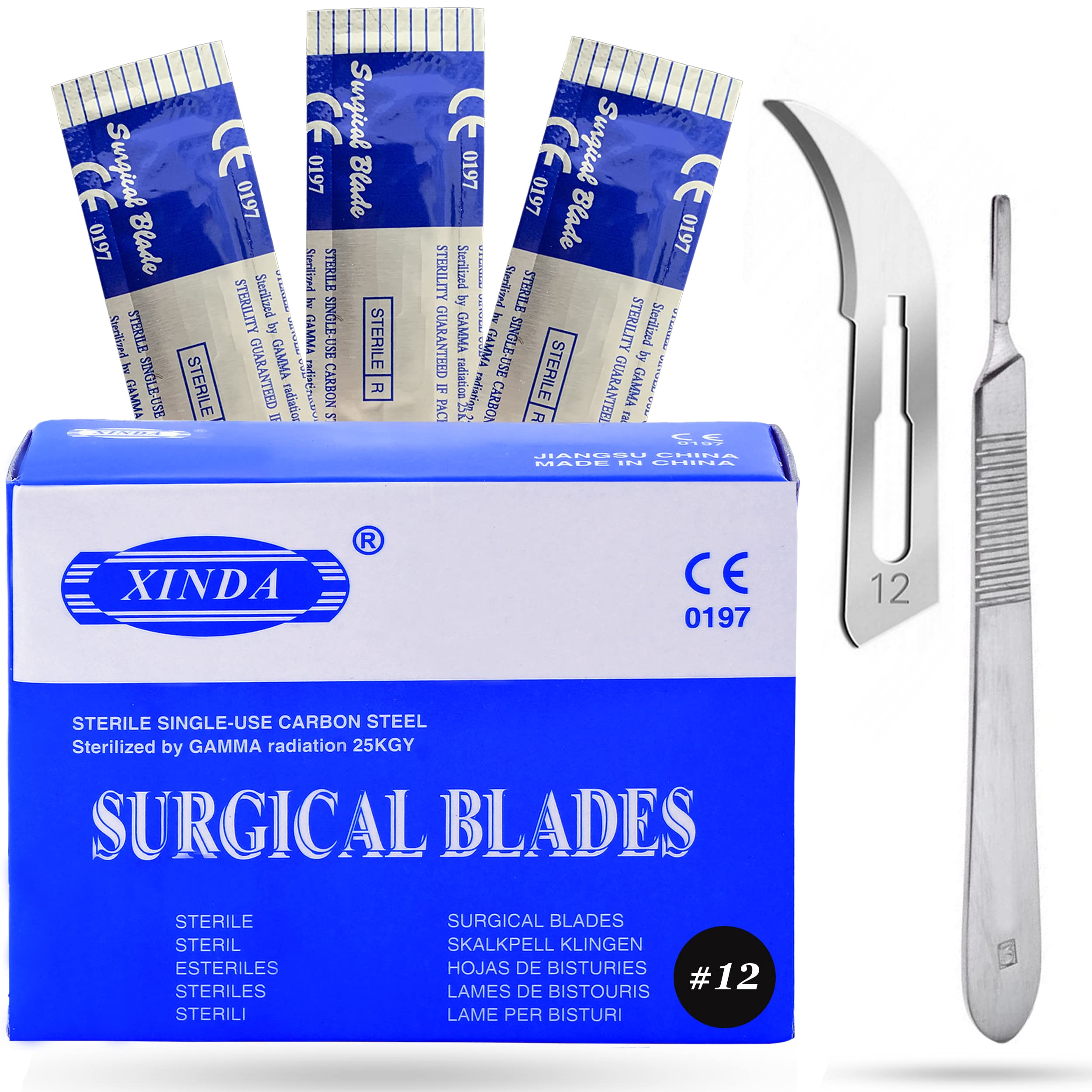 VISION TEK MED Pack of 100 Blades #12, Scalpel Blades for Knife Scalpel, High Carbon Steel Dermablade Blades. Individually Wrapped, Sterile + Free 1 Handle #3