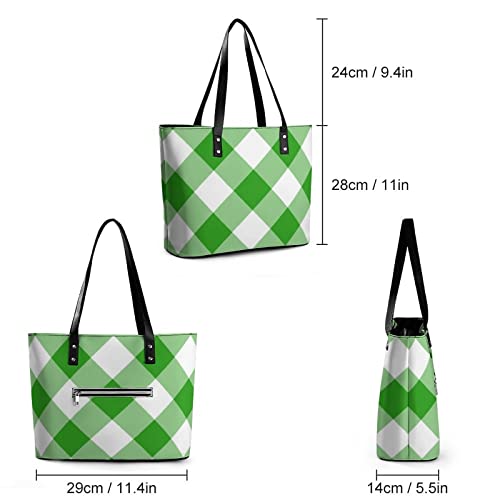 Womens Handbag Green White Plaid Pattern Leather Tote Bag Top Handle Satchel Bags For Lady