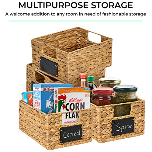 BARIEN 6 Pcs 12" x 9" x 6" Natural Water Hyacinth Storage Baskets, Rectangular Wicker Basket with Built-in Handles, Woven Cube Storage Bin with Chalkboard Label Chalk Marker (Natural - Set of 6)