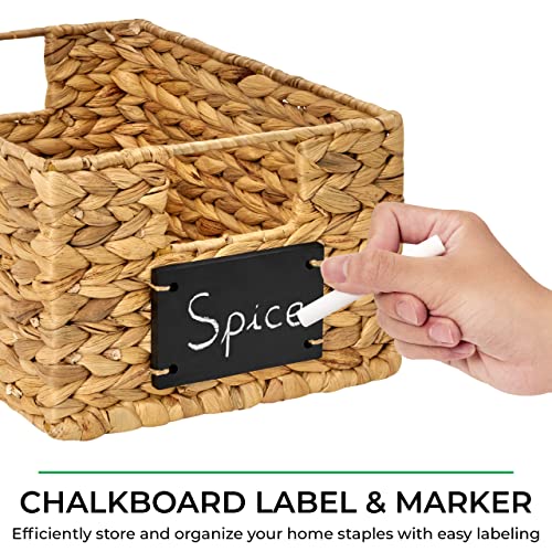 BARIEN 6 Pcs 12" x 9" x 6" Natural Water Hyacinth Storage Baskets, Rectangular Wicker Basket with Built-in Handles, Woven Cube Storage Bin with Chalkboard Label Chalk Marker (Natural - Set of 6)