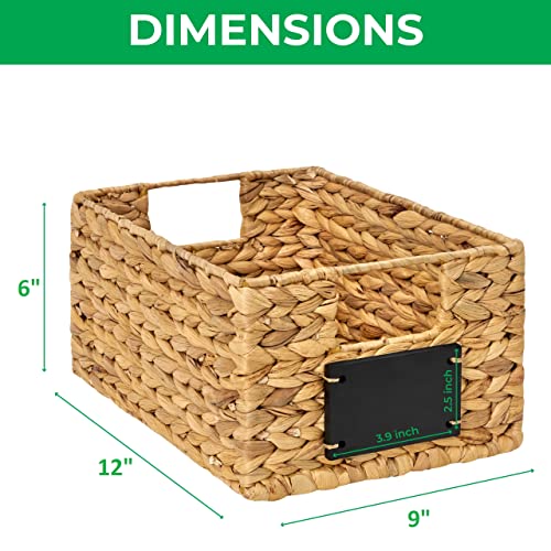 BARIEN 6 Pcs 12" x 9" x 6" Natural Water Hyacinth Storage Baskets, Rectangular Wicker Basket with Built-in Handles, Woven Cube Storage Bin with Chalkboard Label Chalk Marker (Natural - Set of 6)