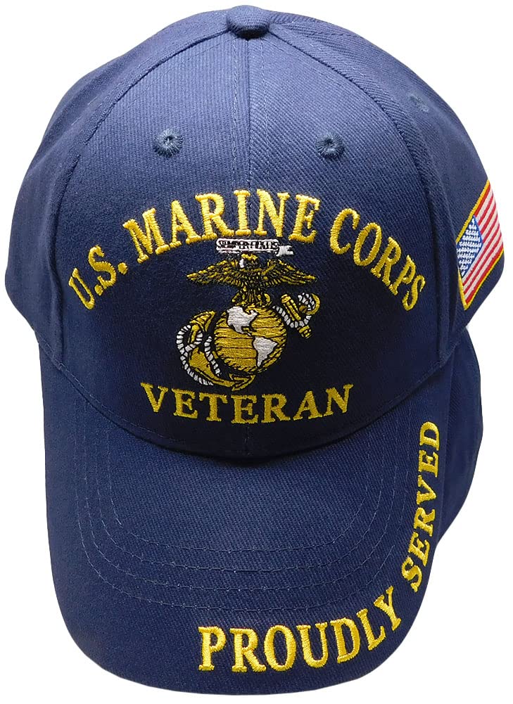 Marine Corps Veteran EGA Proudly Served USA Flag Navy Blue Cotton Adjustable Embroidered Baseball Hat Cap Officially Licensed CP00307