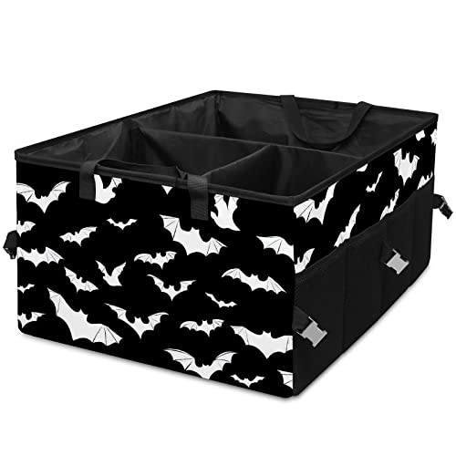 GACTIVITY Black And White Goth Bats Car Trunk Organizer,Collapsible Cargo Storage Tote Bag,Non Slip,3 Divider Compartments, Automotive Interior Accessories for Auto SUV Truck Vehicle Picnic Camping