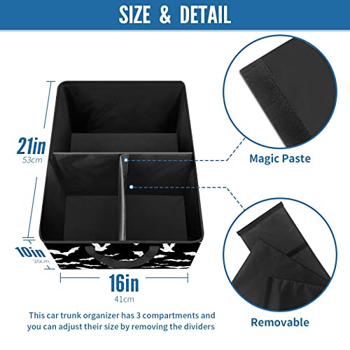 GACTIVITY Black And White Goth Bats Car Trunk Organizer,Collapsible Cargo Storage Tote Bag,Non Slip,3 Divider Compartments, Automotive Interior Accessories for Auto SUV Truck Vehicle Picnic Camping