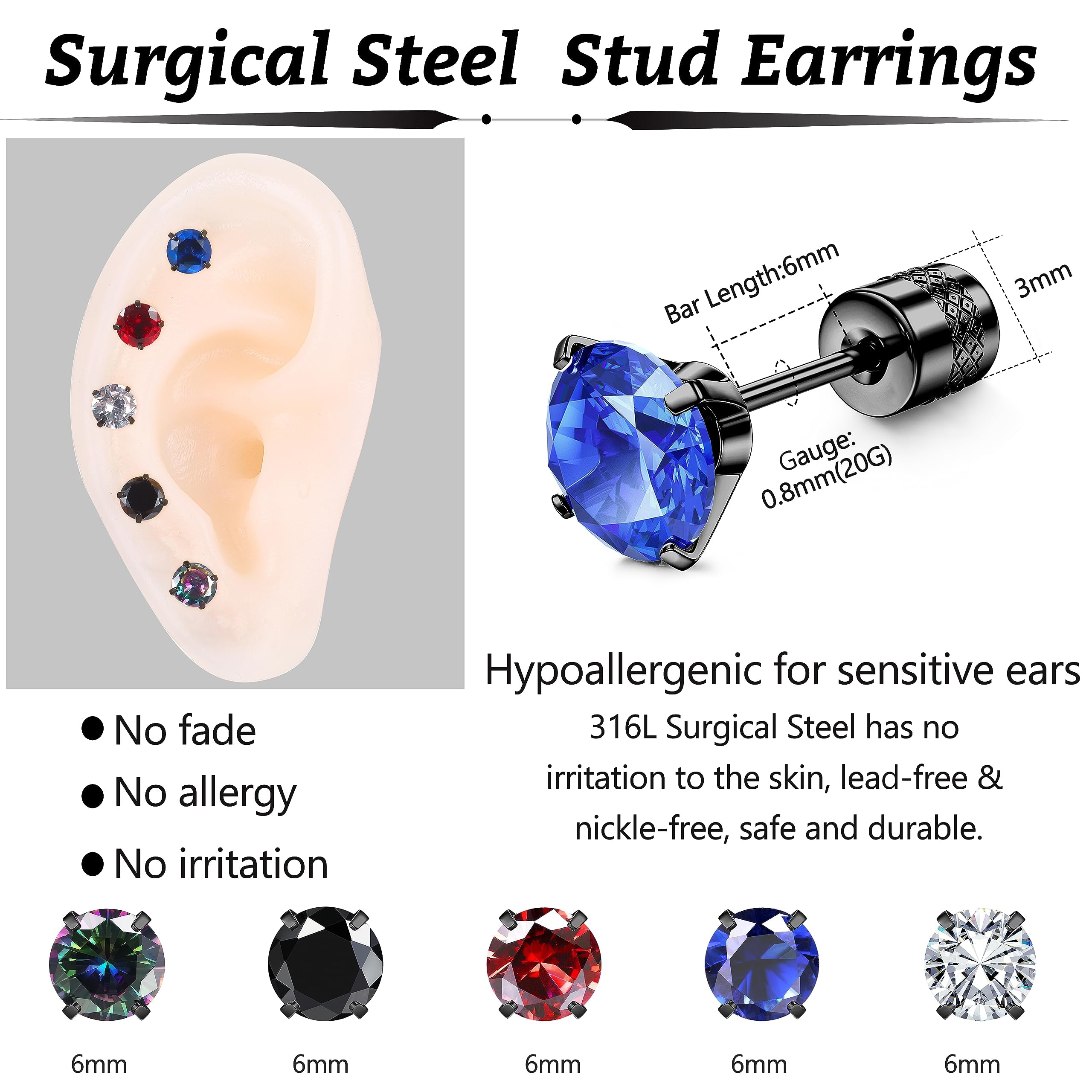 CASSIECA 5 Pairs Surgical Steel Screw Back Stainless Steel Stud Earrings for Women Men, Rainbow 5A Cubic Zirconia Sleeper Studs Hypoallergenic Earrings for Sensitive Ears 6mm