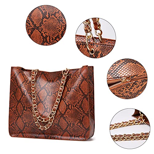 Oichy Leather Tote Bag for Women Large Purses and Handbags Snakeskin Pattern Shoulder Bag Ladies Purse with Chain Strap (Red)