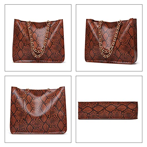 Oichy Leather Tote Bag for Women Large Purses and Handbags Snakeskin Pattern Shoulder Bag Ladies Purse with Chain Strap (Red)