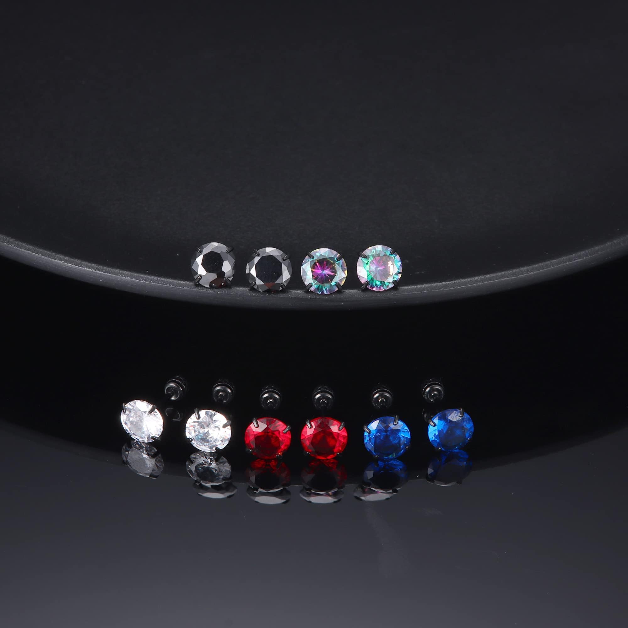 CASSIECA 5 Pairs Surgical Steel Screw Back Stainless Steel Stud Earrings for Women Men, Rainbow 5A Cubic Zirconia Sleeper Studs Hypoallergenic Earrings for Sensitive Ears 6mm