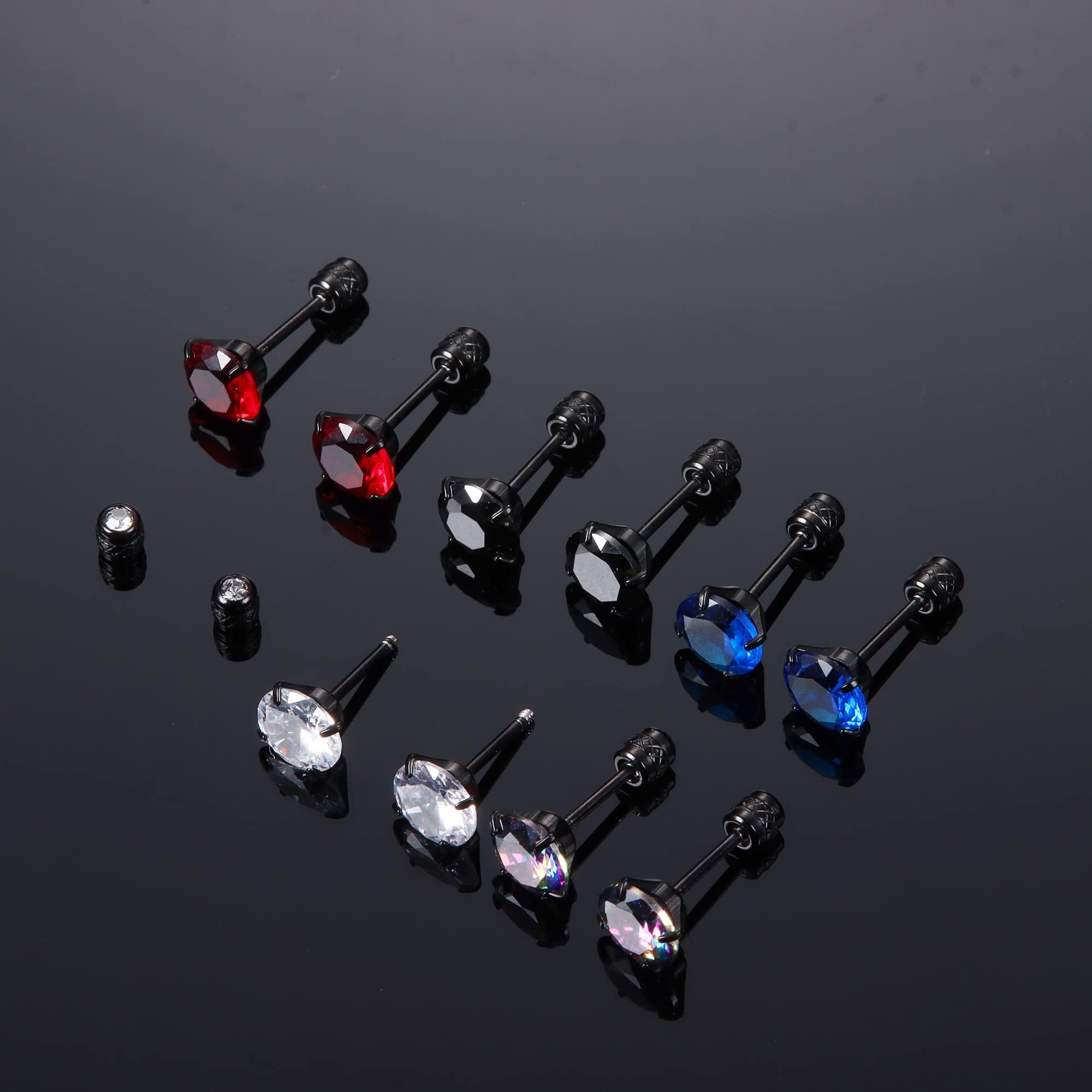 CASSIECA 5 Pairs Surgical Steel Screw Back Stainless Steel Stud Earrings for Women Men, Rainbow 5A Cubic Zirconia Sleeper Studs Hypoallergenic Earrings for Sensitive Ears 6mm