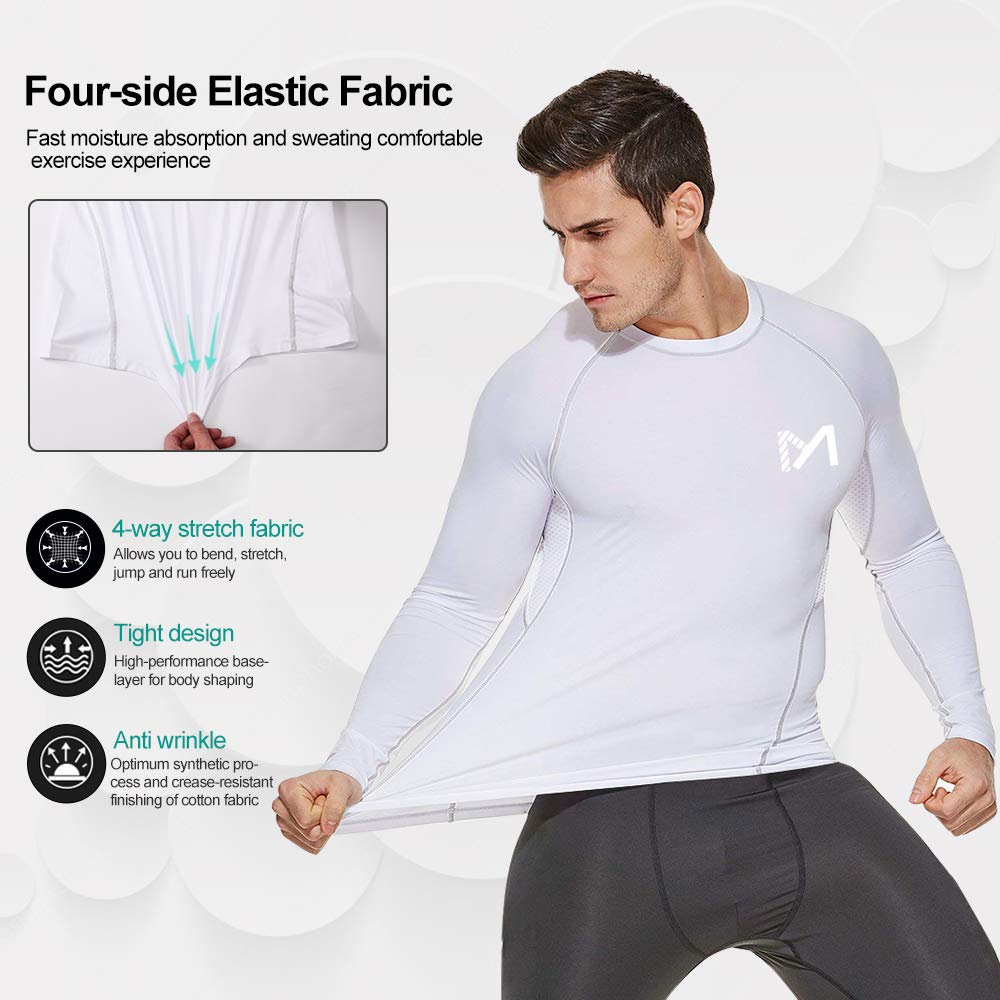 MEETYOO Men's Compression Long Sleeve Athletic Workout Shirt, White, Small