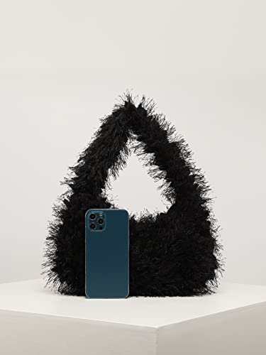 Verdusa Women's Faux Fur Fluffy Hobo Bag Furry Handbag Purse Black one-size
