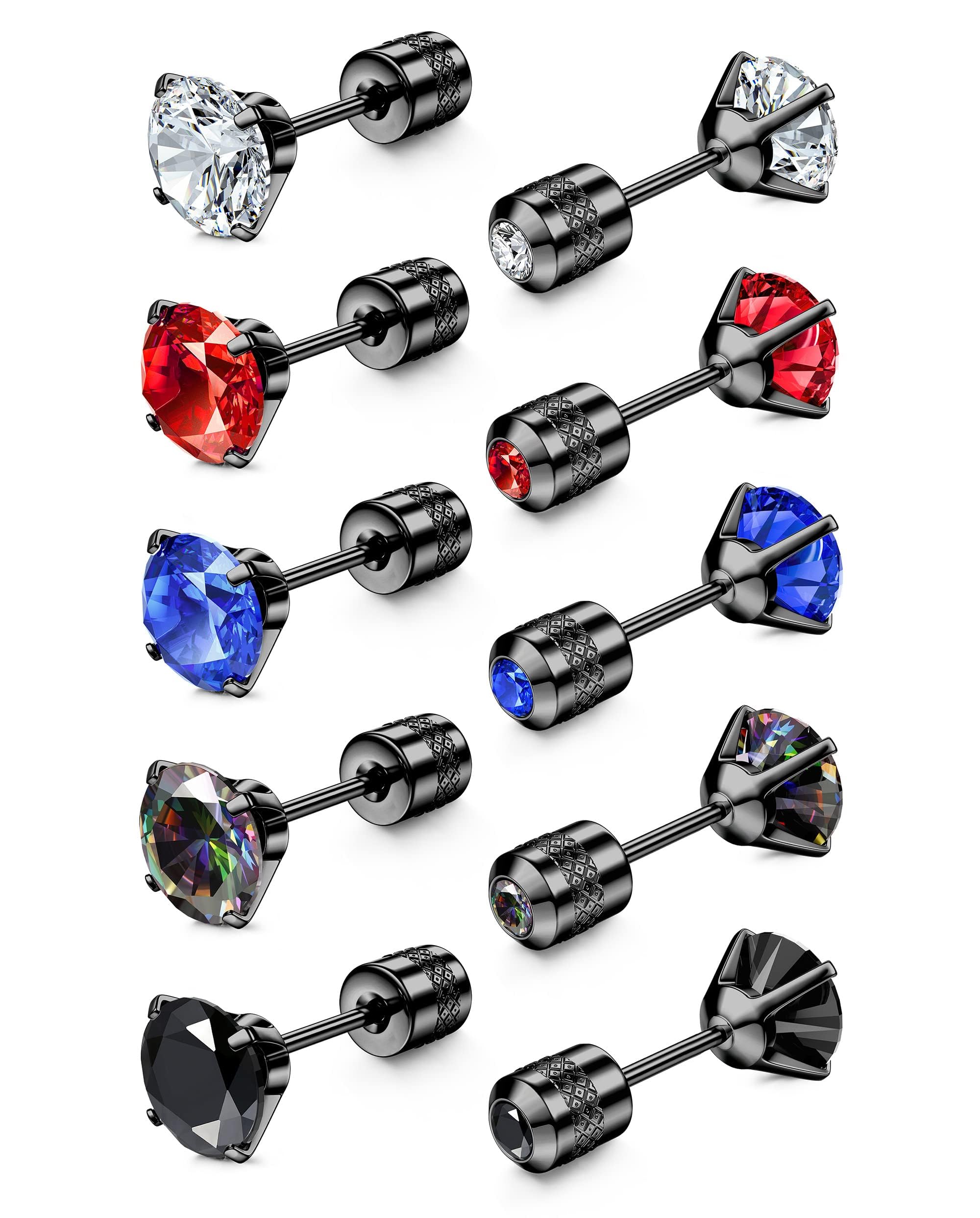CASSIECA 5 Pairs Surgical Steel Screw Back Stainless Steel Stud Earrings for Women Men, Rainbow 5A Cubic Zirconia Sleeper Studs Hypoallergenic Earrings for Sensitive Ears 6mm