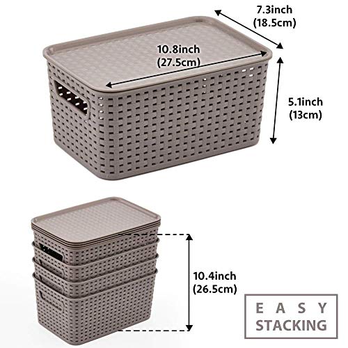 EZOWare Set of 8 Lidded Storage Bins, Large Plastic Stackable Weaving Wicker Basket Box Containers with Lid and Handle, (15.4" x 10.5" x 6.7" + 11" x 7.3" x 5.1")