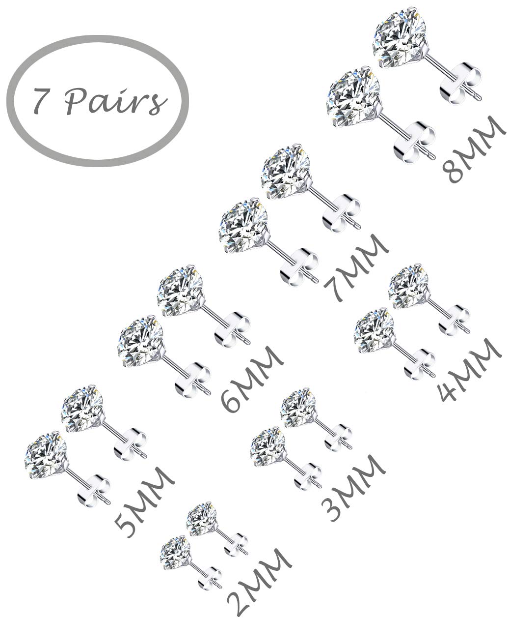 Tornito 7 Pairs 20G Stainless Steel Stud Earrings Round Cubic Zirconia Barbell Earring Set For Men Women 2MM-8MM Silver Tone