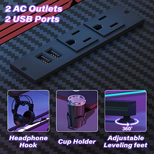 Flamaker Gaming Desk with LED Lights & Power Outlets, L-Shaped Computer Corner Desk with Carbon Fiber Surface & Monitor Stand, Ergonomic Gamer Table with Cup Holder, Headphone Hook, Black
