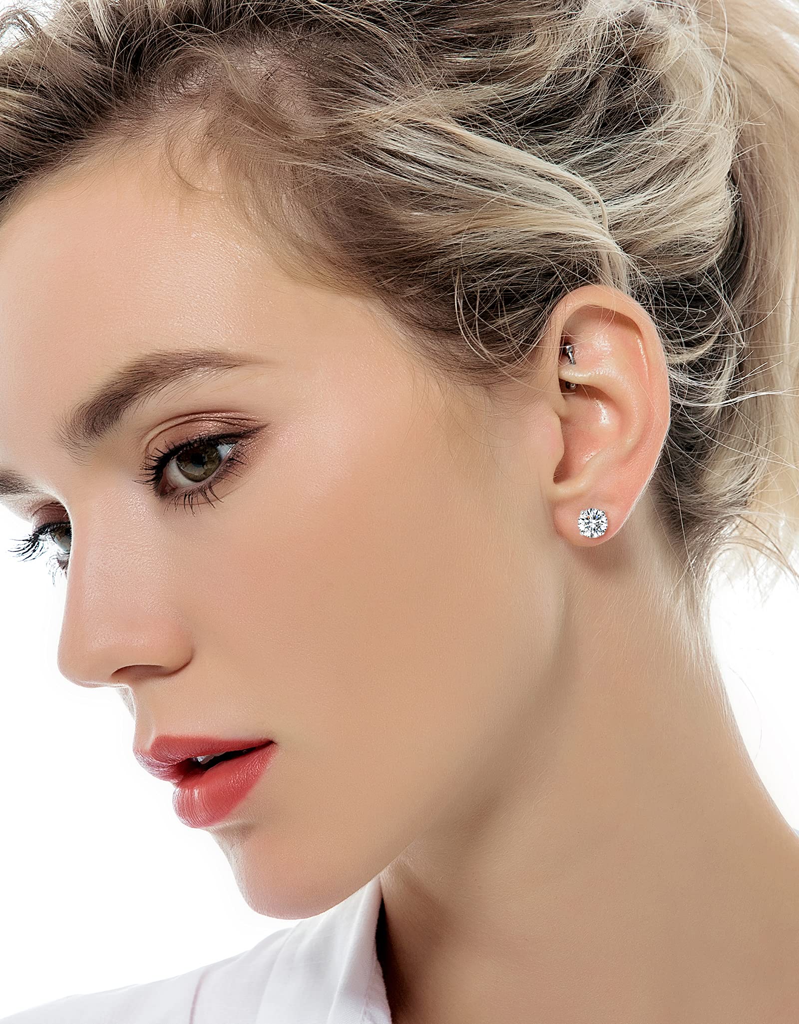 Tornito 7 Pairs 20G Stainless Steel Stud Earrings Round Cubic Zirconia Barbell Earring Set For Men Women 2MM-8MM Silver Tone