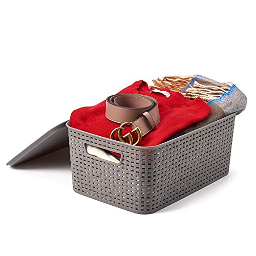 EZOWare Set of 8 Lidded Storage Bins, Large Plastic Stackable Weaving Wicker Basket Box Containers with Lid and Handle, (15.4" x 10.5" x 6.7" + 11" x 7.3" x 5.1")