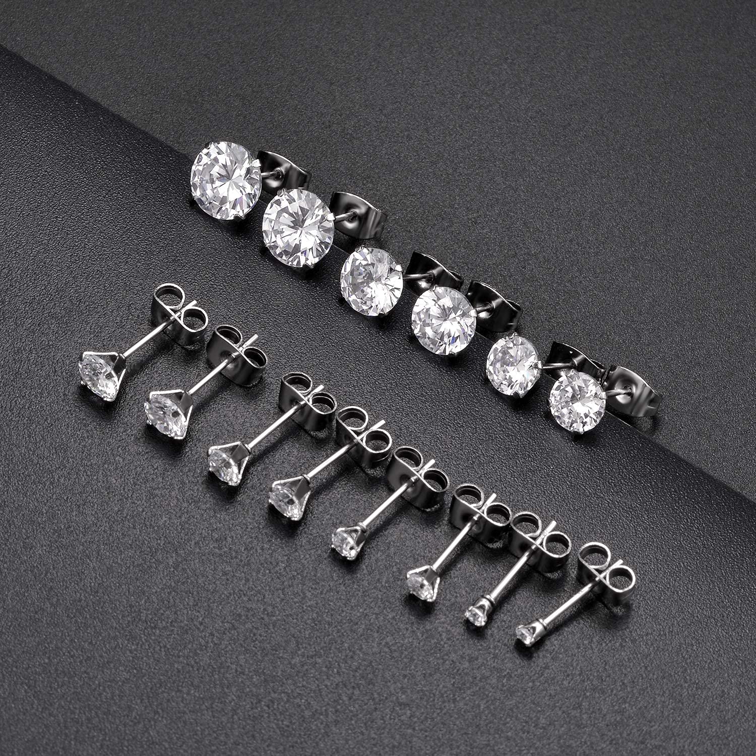 Tornito 7 Pairs 20G Stainless Steel Stud Earrings Round Cubic Zirconia Barbell Earring Set For Men Women 2MM-8MM Silver Tone