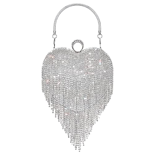 SWEETV Women's Rhinestone Heart Purse, Evening Clutch Bag for Formal Wedding Cocktail Prom Party Club, Silver