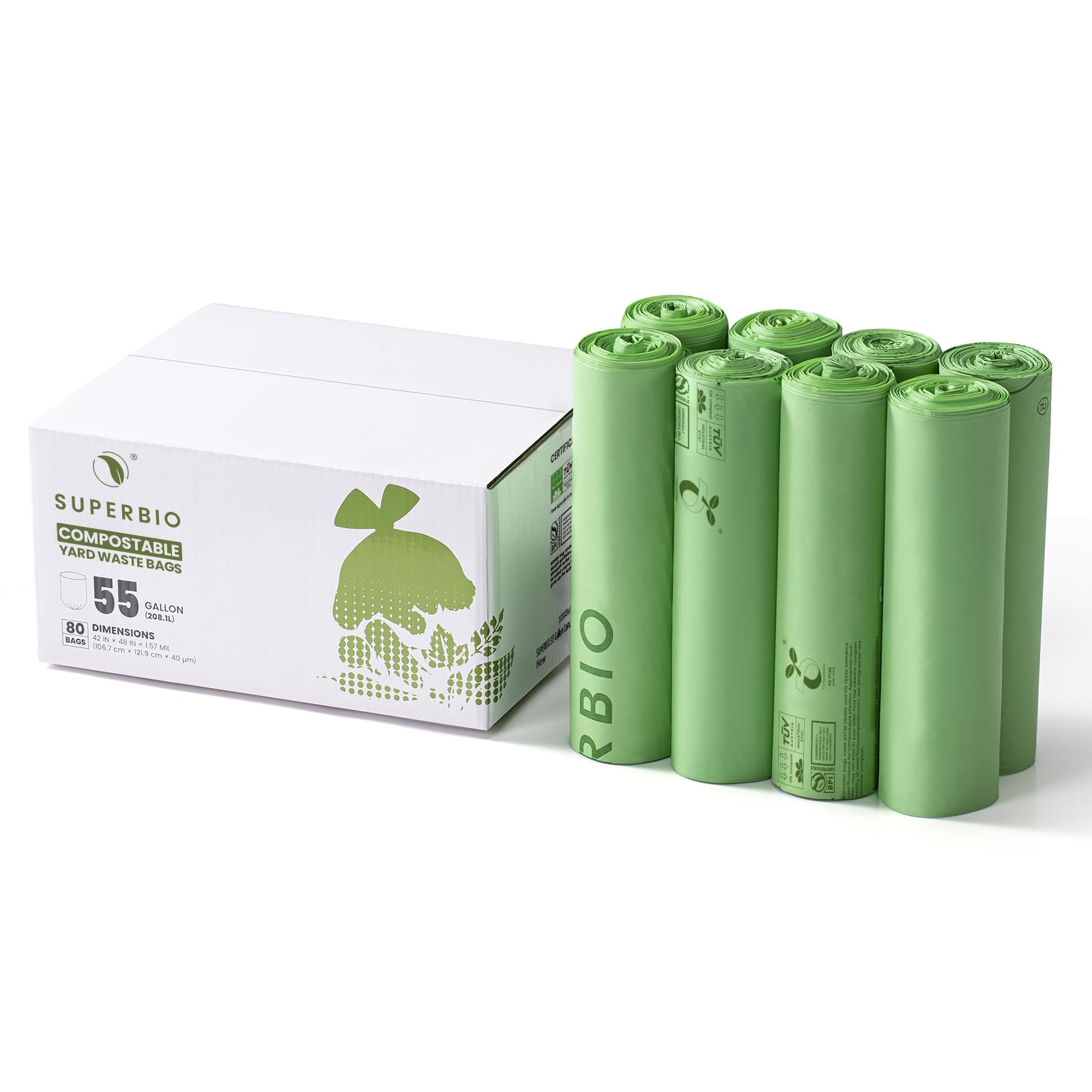 SUPERBIO 55 Gallon Compostable Yard Waste Bags, Lawn & Leaf Bags, Heavy Duty Extra Thick 1.57 Mil, (80 Count Bulk), 208.1 Liter, BPI and OK compost INDUSTRIAL