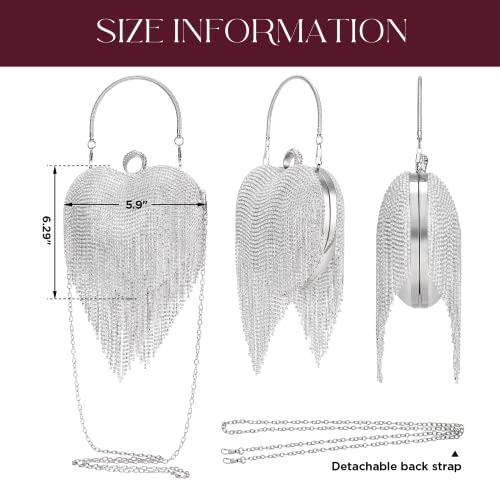 SWEETV Women's Rhinestone Heart Purse, Evening Clutch Bag for Formal Wedding Cocktail Prom Party Club, Silver