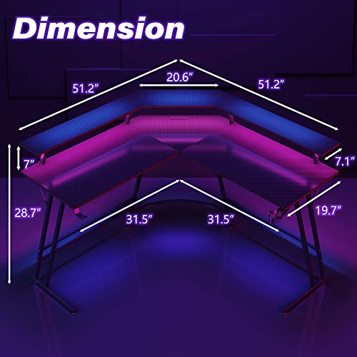 Flamaker Gaming Desk with LED Lights & Power Outlets, L-Shaped Computer Corner Desk with Carbon Fiber Surface & Monitor Stand, Ergonomic Gamer Table with Cup Holder, Headphone Hook, Black
