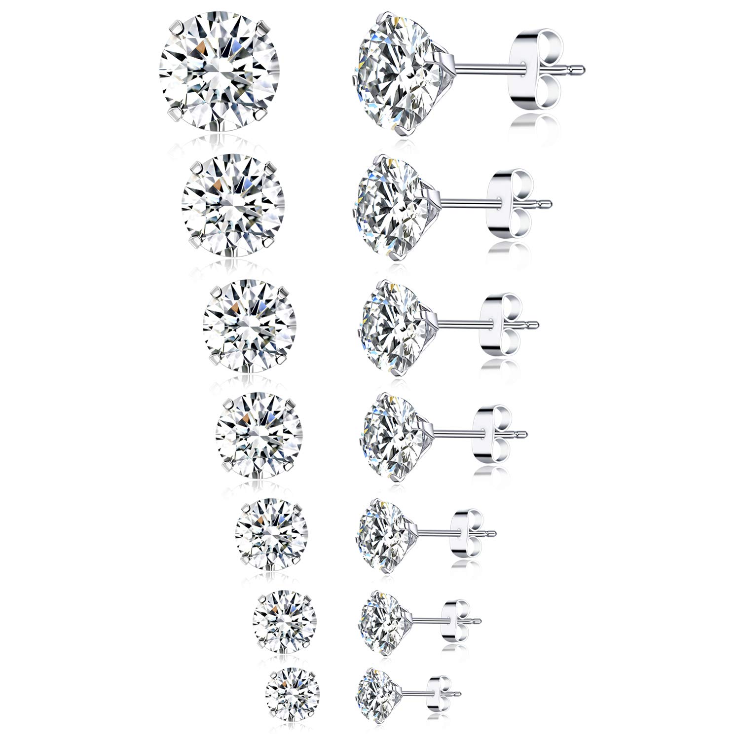 Tornito 7 Pairs 20G Stainless Steel Stud Earrings Round Cubic Zirconia Barbell Earring Set For Men Women 2MM-8MM Silver Tone