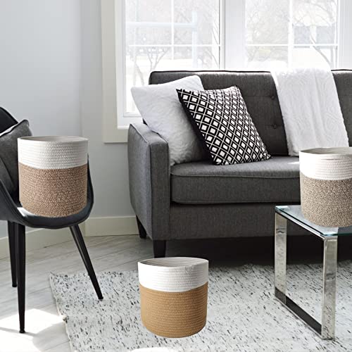 Joyiou Storage Cubes Baskets Bins Organizer, Woven Cotton Rope Farmhouse Storage Basket for Dog Toy, Clothes, Towels, Books,, 3-Pack 11 Inches Round Cube (Khaki, Nature, Beige)