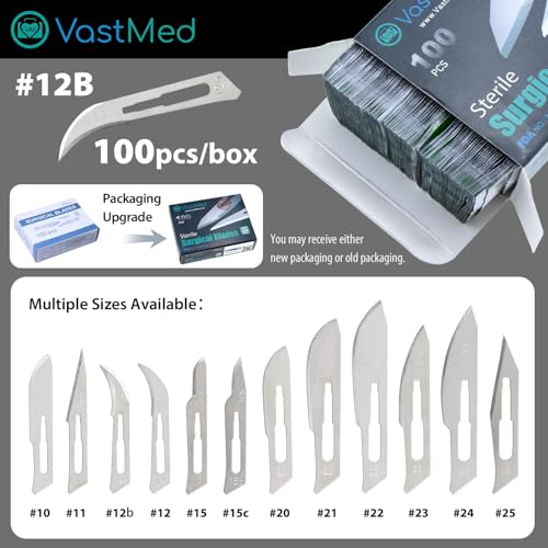 100PCs Dental Grade #12B Stainless Steel Sterile Surgical Blades by VASTMED | Individually Wrapped High Stainless Steel Dermablade Surgical Blade